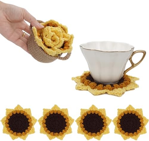 Amazon.com: Cute Coasters Set of 4,Funny Pink Flower Coasters,Crochet ...