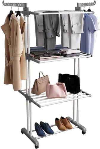 Clothes Airer with Wheels, Multifunctional 4 Tier Clothes Airer Tower ...