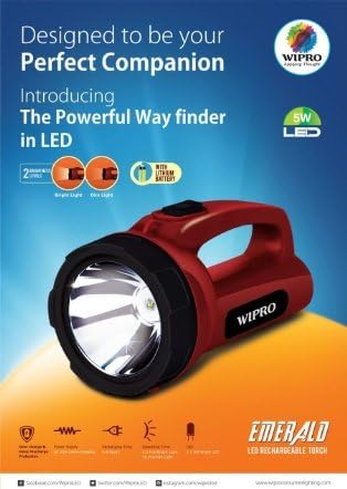 Wipro Emerald 5-Watt Rechargeable LED Torch (Red) : Amazon.in: Sports ...