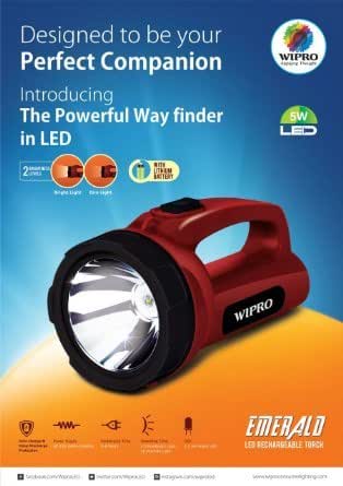 Wipro Emerald 5-Watt Rechargeable LED Torch (Red) : Amazon.in: Sports ...