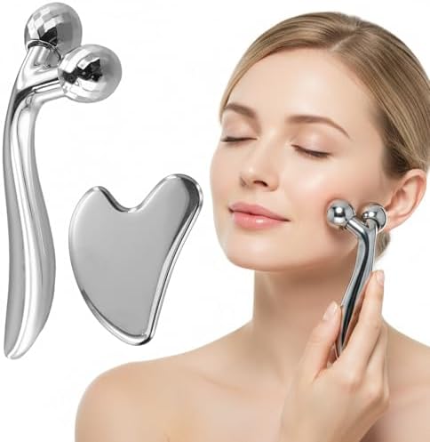 Gua Sha Board & Face Roller Metal Massage Kit, 3D Facial Massager for ...
