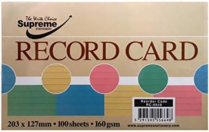 Record Card Ruled 100 Sheets 160gsm 203 X 127mm - 8" x 5" Colour Record ...