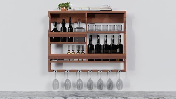 ODEJIA Wooden Wall Mounted Wine Rack, Bar Cabinet with Glass Storage ...