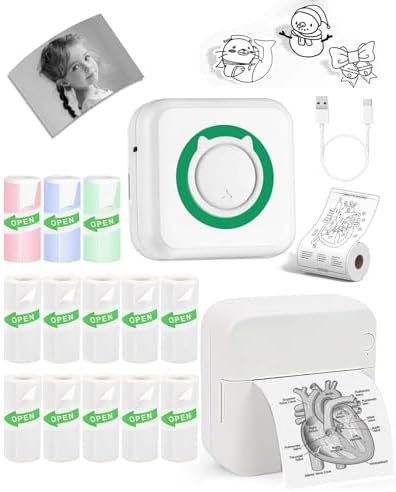 Mini Printer - Portable Sticker Maker with 13 Rolls Sticky Thermal ...