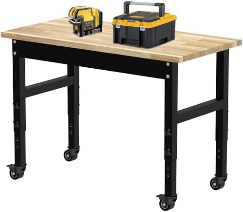 Yizosh 48" Adjustable Portable Workbench with Wheels, Rubber Wood Top ...