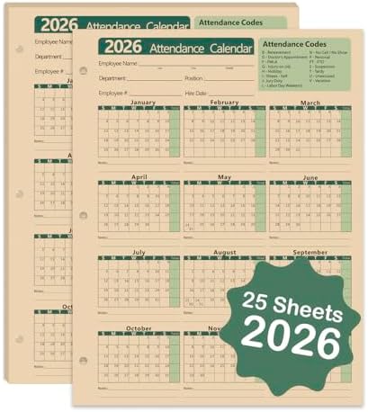 Amazon.com : VistaRise 2026 Attendance Calendar - Employee Attendance ...