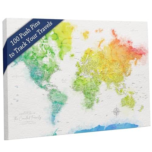 Amazon.com: Holy Cow Canvas Personalized Canvas Push Pin World Travel Map with Pins, Watercolor ...
