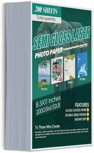 Laser Photo Paper 8.5x11 In,200 Sheets 200GSM/52LB Semi Gloss Double ...