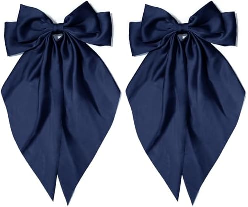 Amazon.com : 2PCS Big Hair Bows for Women Dark Blue Silky Satin Hair ...