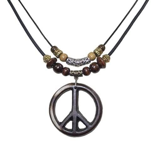 Amazon.com: Double Layer Peace Sign Necklace - Peace Symbol Wood beads ...