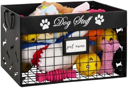 Whchiy Dog Toy Basket Metal Dog Toy Storage with Handles and Label ...