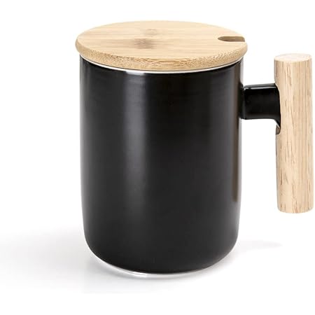 Amazon.com: HOWAY Flat Bottom Mug with Wood Lid, Ceramic Tea Cup for ...