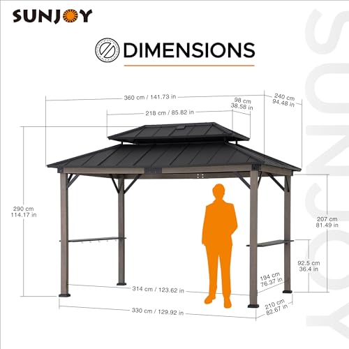 Sunjoy Wooden Grill Gazebo, 8 x 12 ft. Steel Hardtop Gazebo with Solar ...