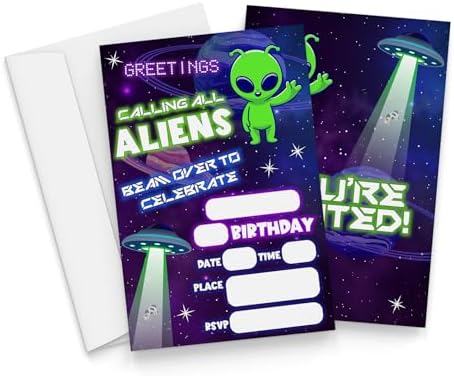 Amazon.com : Qiwog Space Aliens Birthday Invitations With Envelopes ...