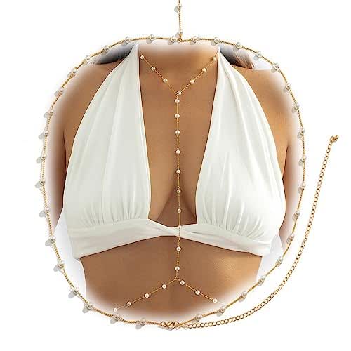 Amazon.com: Layered Pearl Body Chain for Women Girls Gold Crossover Rhinestone Body Chains ...