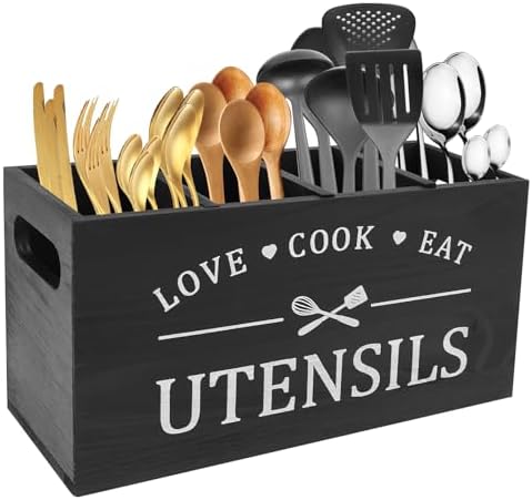 brekle Black Wooden Kitchen Utensil Holder with 3 Compartment Larger ...