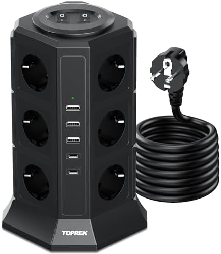 NVEESHOX Regletas Enchufes, Regleta Vertical(4000W/16A), Torre Enchufes Vertical con 12 Enchufes ...