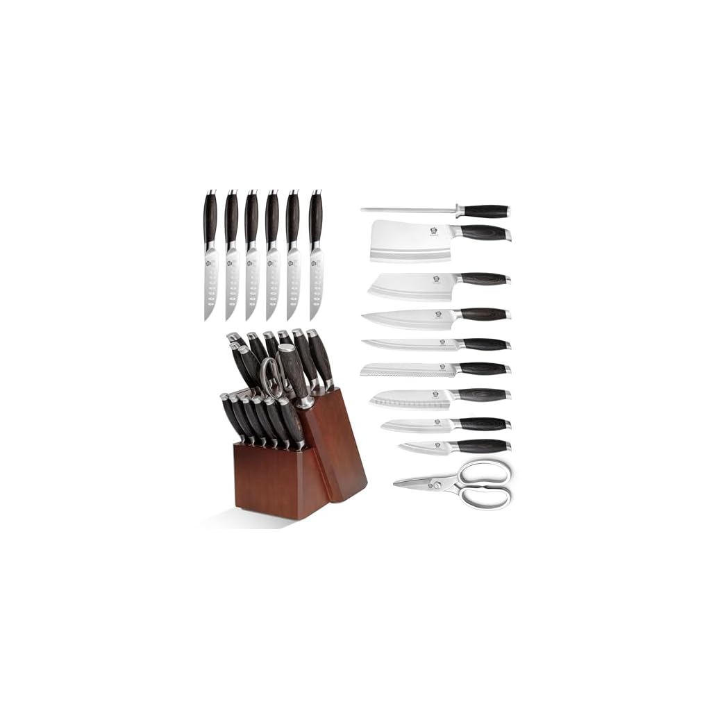 WILDMOK Kitchen Knife Block Set, 17-piece Knife Set with Wooden Block ...