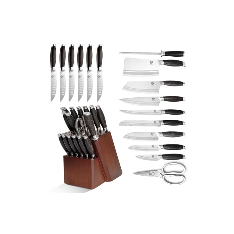 WILDMOK Kitchen Knife Block Set, 17-piece Knife Set with Wooden Block ...