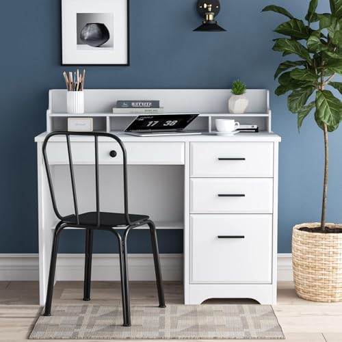Amazon.com: Tangkula White Desk with 3 Drawers, Wooden Home Office Desk ...