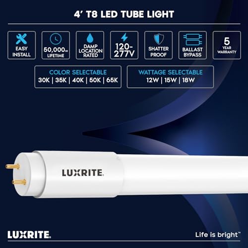 LUXRITE 4FT T8 LED Tube Lights, Type B, 12W/15W/18W Tunable, 5 Colors ...