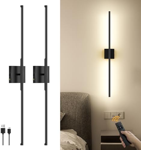 Aipsun 39.4inch Black Battery Operated Wall Sconce Set of 2, Rechargeable Wall Sconce Lighting ...