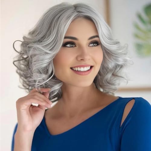 Amazon.com : LEOSA Gray Wigs for Women Silver Wig with Curtain Bangs ...