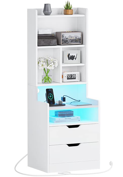 Amazon.com: ADORNEVE Tall Night Stand with Charging Station and LED ...