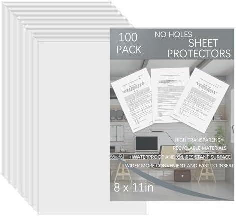 100 Pack No Holes Sheet Protectors 8" x 11.8" Clear Plastic Sheet ...