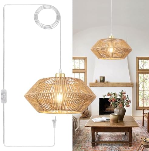 Bedoxin Plug in Pendant Light, Boho Lamp Woven Lampshade Hanging Lamp ...
