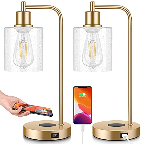 Set of 2 Wireless Charging Industrial Table Lamps Gold 3-Way Touch ...