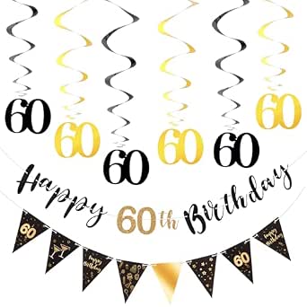 60th Birthday Decoration Set, Happy Birthday Banner with Triangle Flag ...