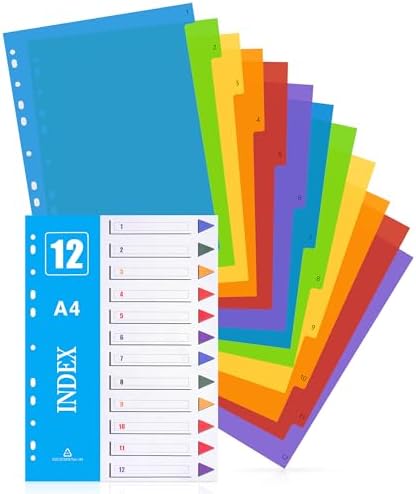 A4 File Dividers, 5 Pack 12 Part Subject Dividers Multi Hole Punched in ...