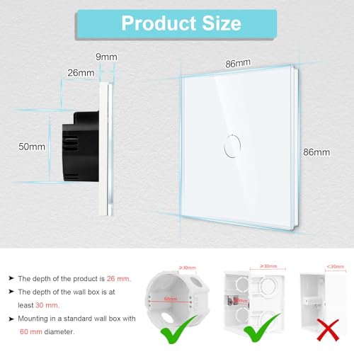 CNBINGO 1-Way Touch Light Switch – White Wall Switch with Glass Panel ...