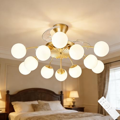 12-Light Mid Century Ceiling Fan with Lights Gold and White Fandelier ...