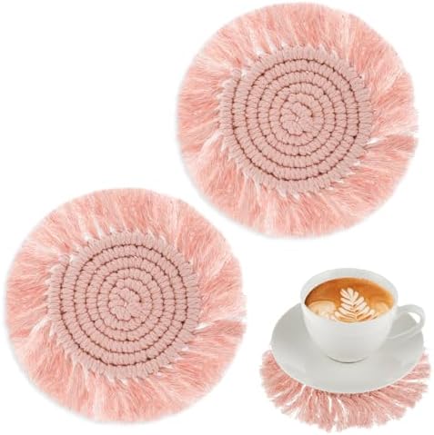 Amazon.com: 2 Pieces Boho Coasters Cute Macrame Coasters Set of 2 Pink ...