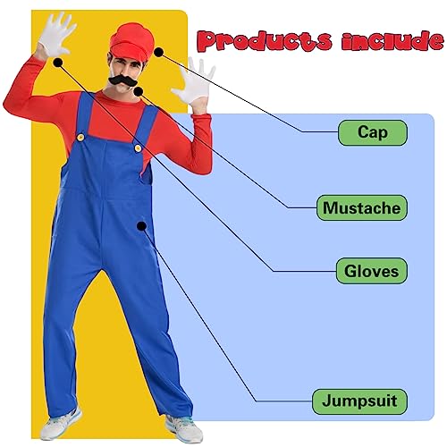 Maryparty Mario Costume Mario Fancy Dress Costume Set for Adults (Red ...