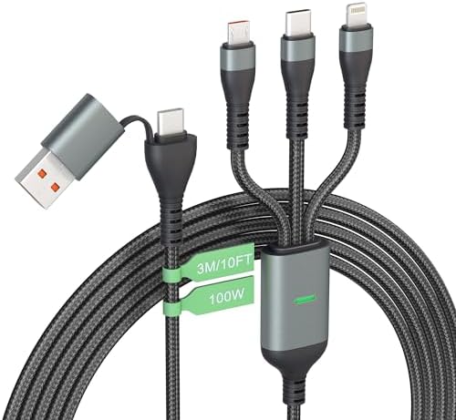 100W Long Multi Charging Cable 3M/10Ft [Apple MFi Certified] 3 in 2 USB ...