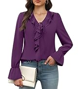 Funlingo Women's 2024 Long Sleeve Tops Dressy Casual V Neck Tunic Shirts Loose Chiffon Work ...