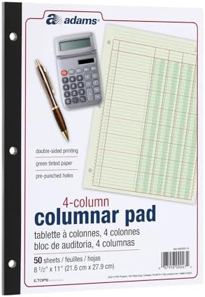 Adams Columnar Analysis Pad, 4 Column Ledger, 8.5" x 11", 100 Pages (50 ...