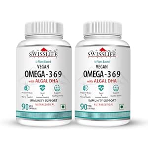 SWISSLIFE FOREVER Plant Based Vegan Omega 3 6 9 with Algal DHA (90 Veg Capsules) | Support Brain ...
