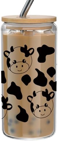 Amazon.com: LEADO Cow Cup, Cow Coffee Mug, 16oz Glass Cups with Lid and ...