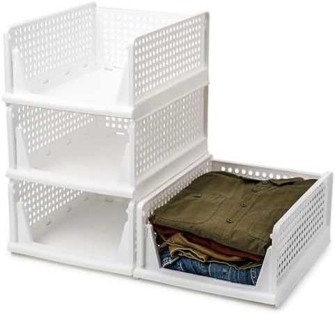 Folding Wardrobe Storage Box 4-Pack Plastic Drawer Organizer Stackable ...
