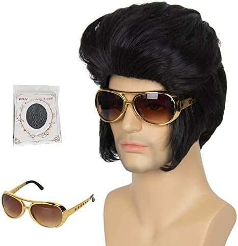 Amazon.com: Cosela Mens Rocker Wig with Glasses Short Black Wig with ...