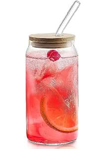Buy KAMVY Beer Can Glasses with Bamboo Lids and Glass Straw, Drinking Cups 540ml, Iced Coffee ...