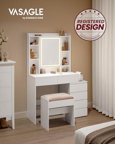VASAGLE Dressing Table with LED Lights, Adjustable Brightness, Modern ...