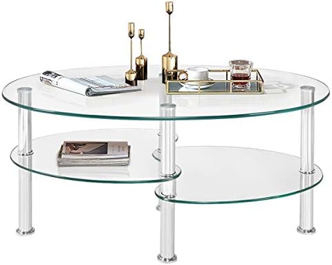 GOPLUS Tavolino Ovale in Vetro Trasparente con Ripiano Tavolino da Soggiorno in Vetro con Piedi ...