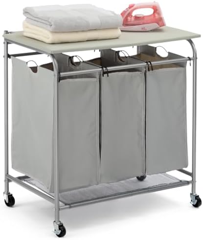 HollyHOME Rectangular Laundry Sorter with Folding Ironing Board, 3 ...