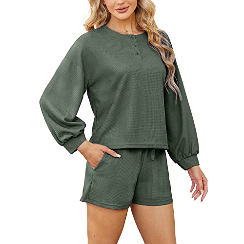 HEARTNICE Womens Matching Waffle Knit Lounge Sets Long Sleeve Top and ...