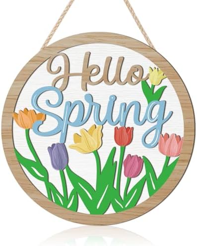 Amazon.com: Hello Spring Decor Tulip Wreath Front Door Sign Round ...